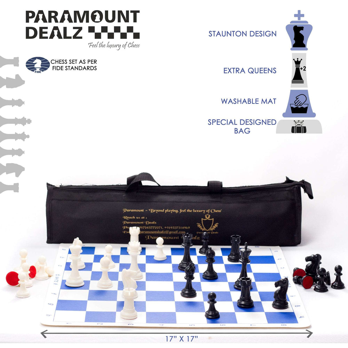 FIDE Standard Vinyl Chess Set with 2 Extra Queens & Chess Bag (availab