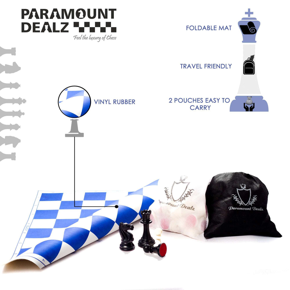 FIDE Standard Vinyl Chess Set with 2 Extra Queens & Chess Bag (availab