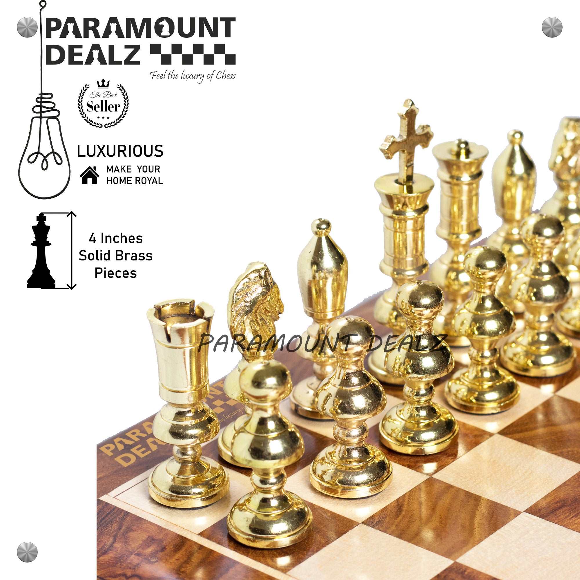 Castle Series Handcrafted Brass Chess Set (FLAT Wooden Sheesham Board