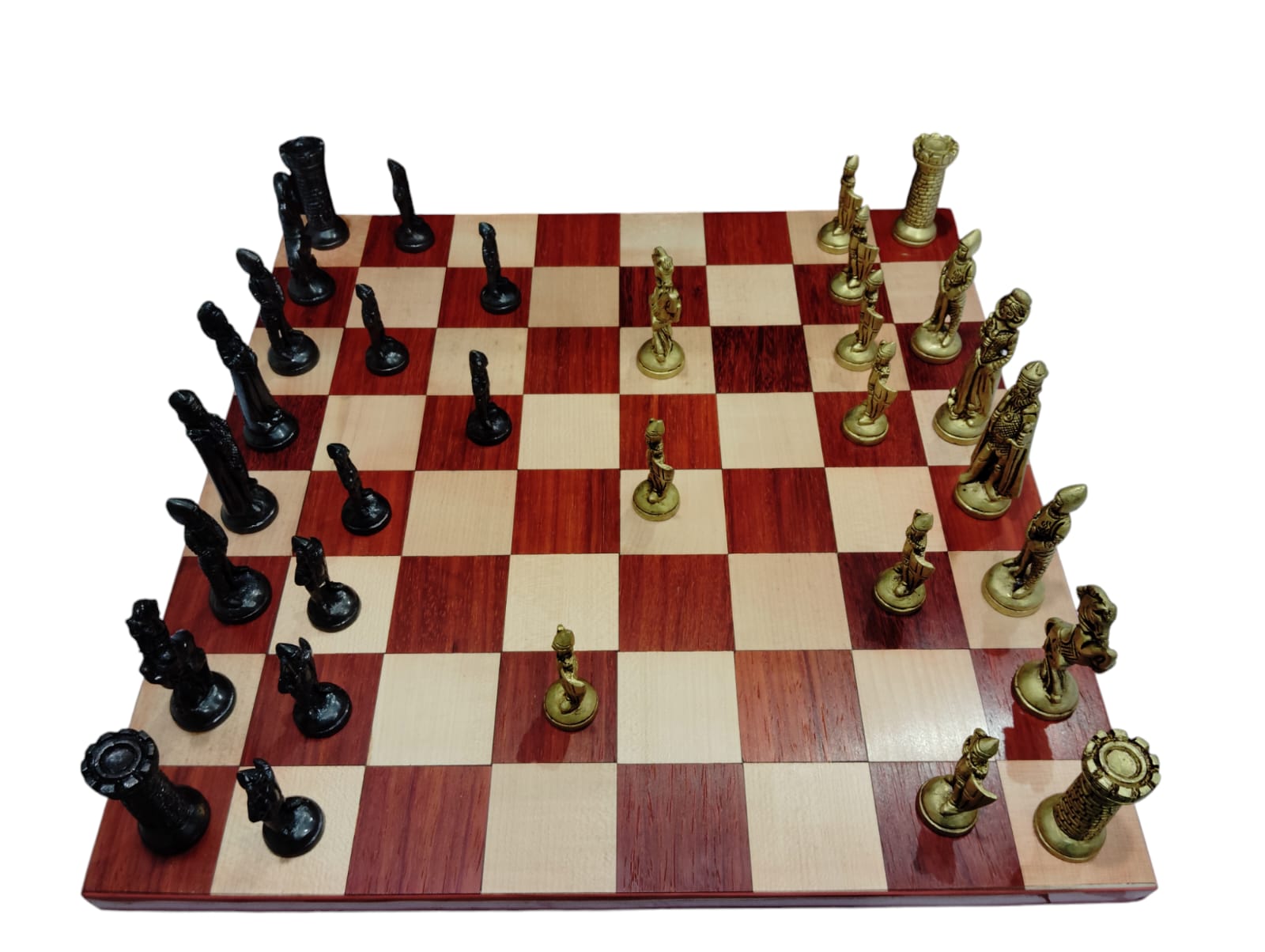 16 inch Bud Rosewood Chess Board with English Style Brass Chess Pieces