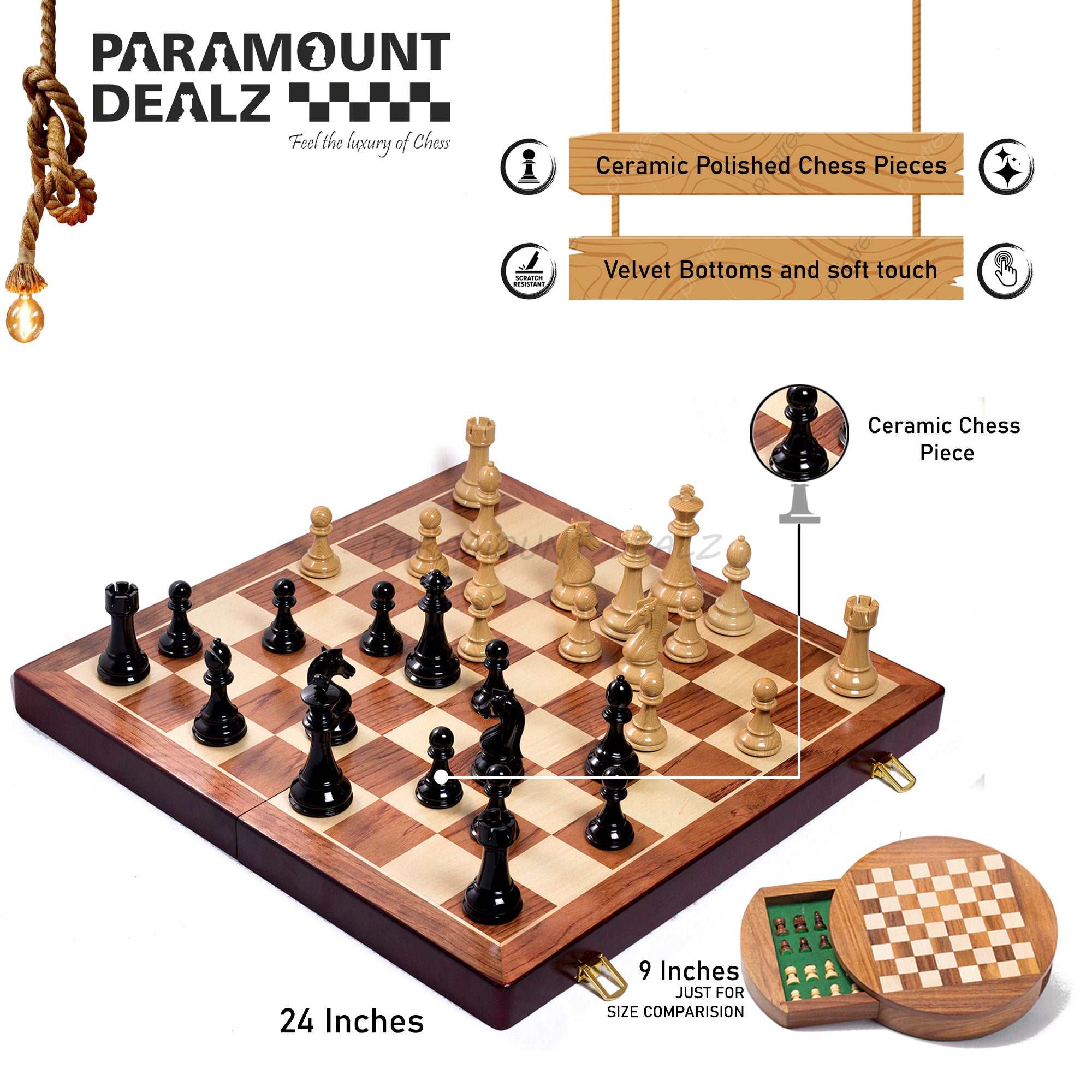 24" EXTRA LARGE Wooden Chess Board with Ceramic Chess pieces