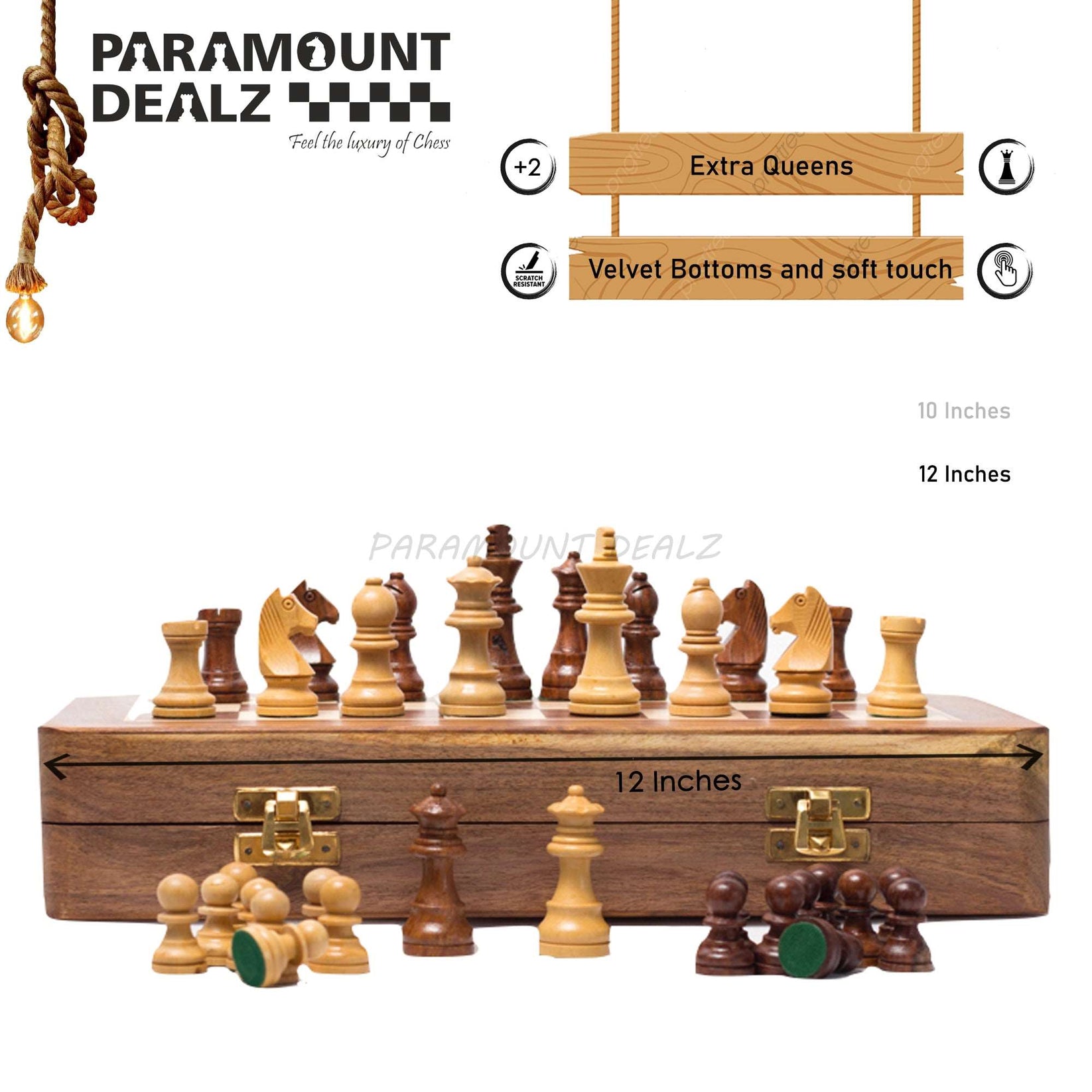 12 Inches Handcrafted Magnetic Foldable Wooden Handcrafted Chess Set C