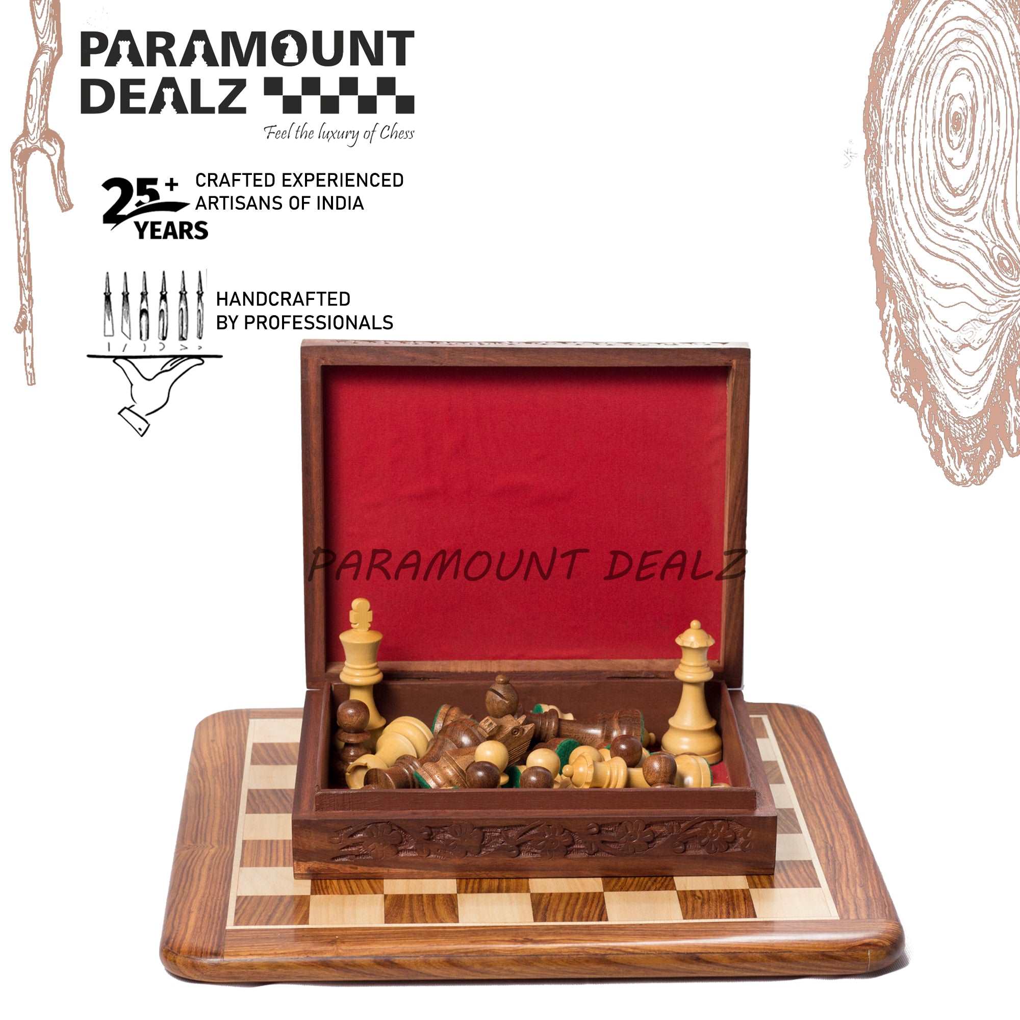 Flat Wooden Chess Board with Staunton style wooden chess pieces and Ve