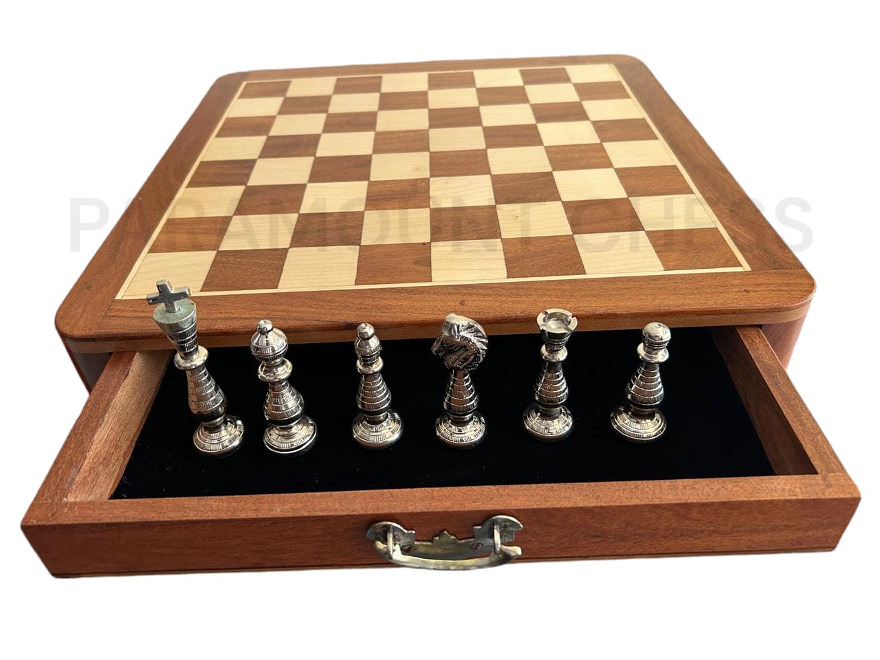 ♟️🌟 Luxurious 16-Inch Wooden Drawer Chess Board With Elegant Brass Met