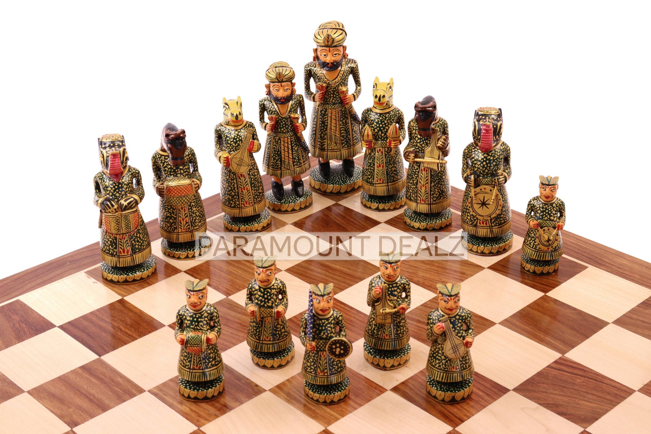 WOODEN INDIAN CHESS 6" Musical Theme Wooden Chess Board with Chess Pie