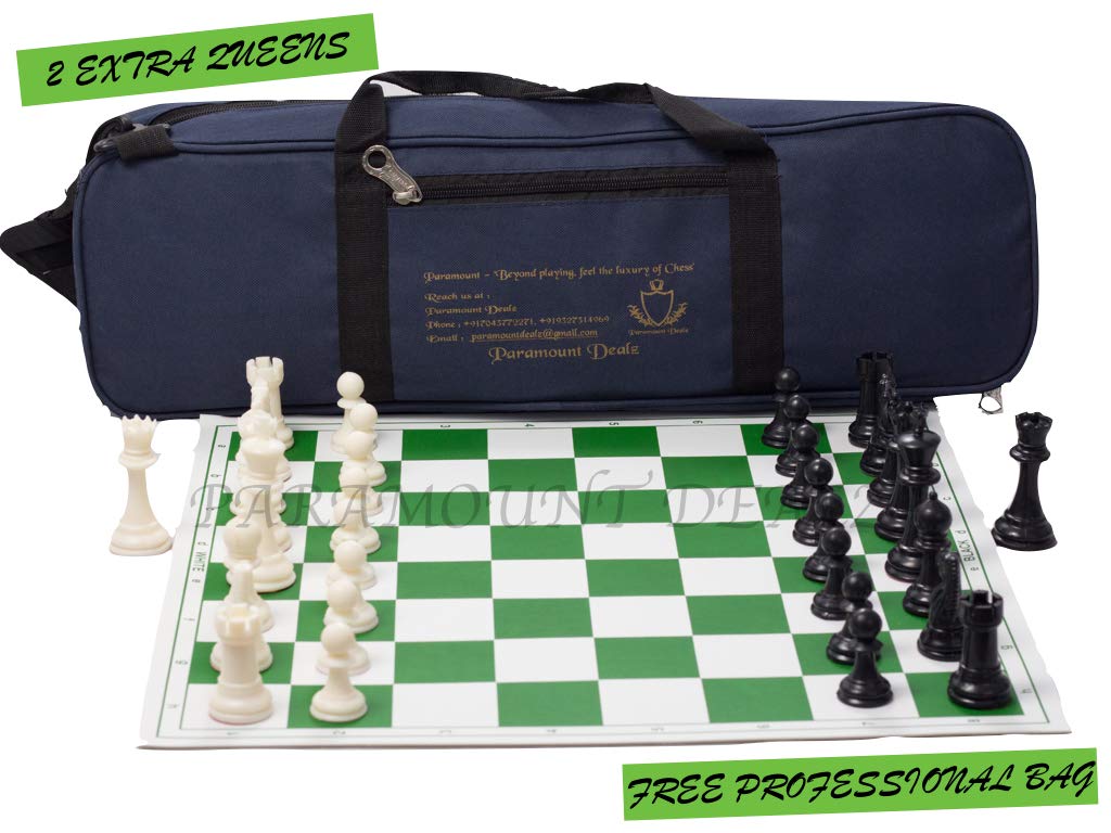 Professional Plastic Vinyl Chess Set with 2 Extra Queens and Bag (Gree