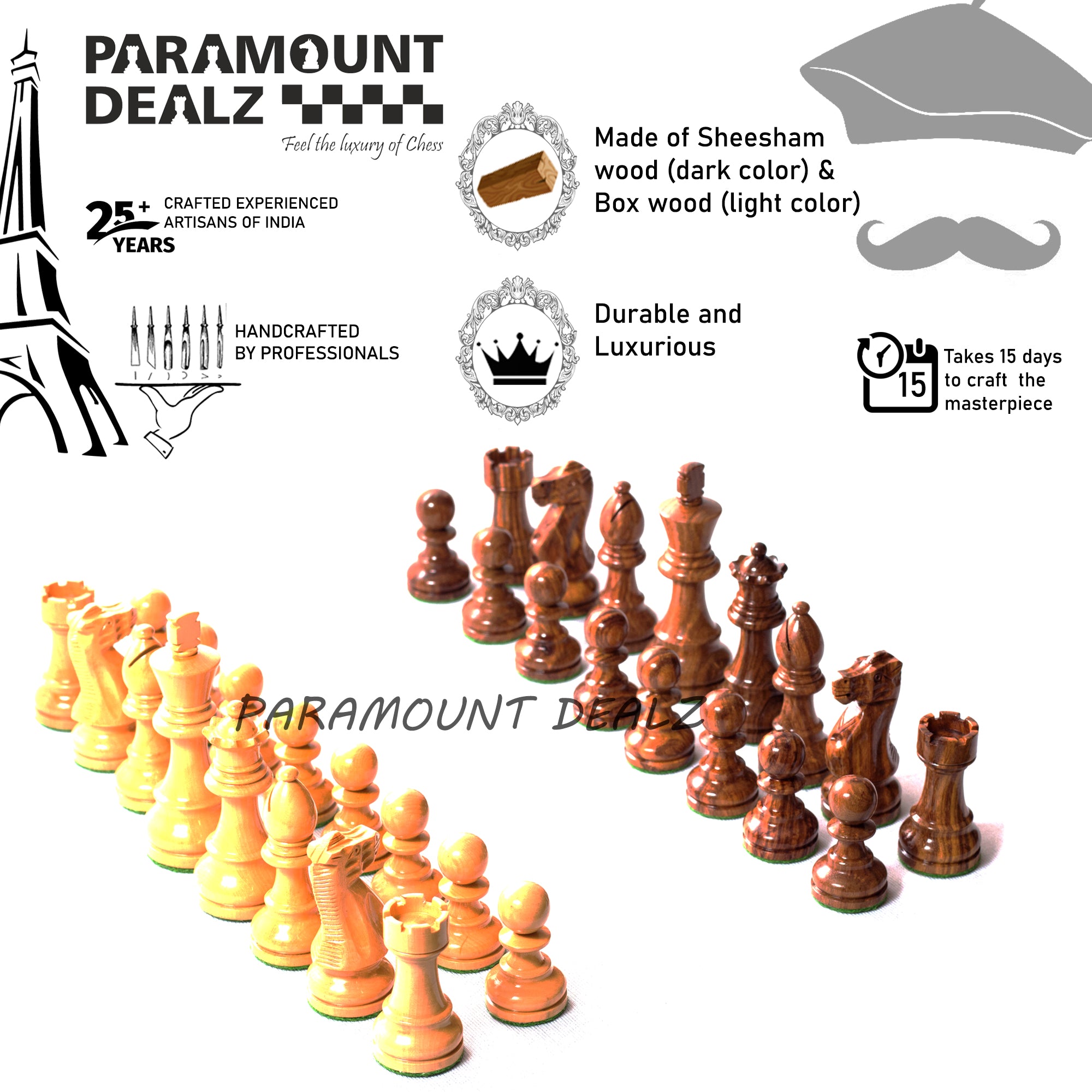 Single Staunton Series Wooden weighted Chess Pieces in Sheesham & Box