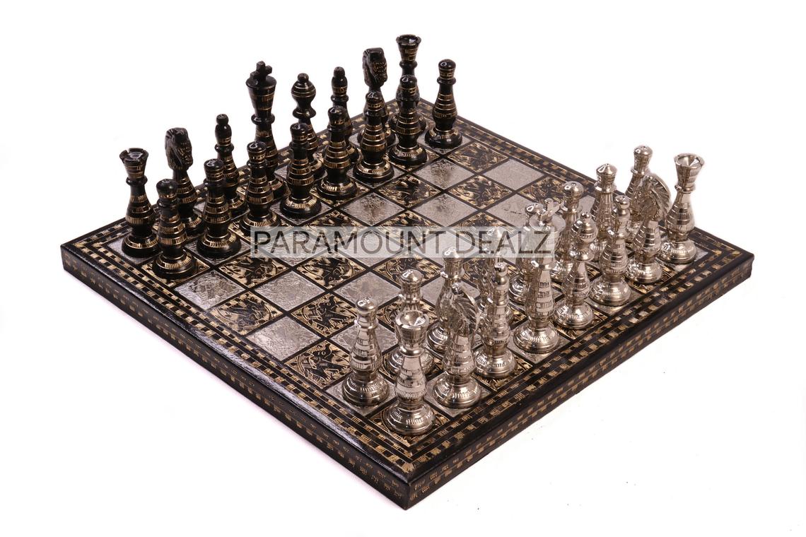 Paramount Dealz 14" Brass Chess Board with 32 Brass Chess Pieces and W