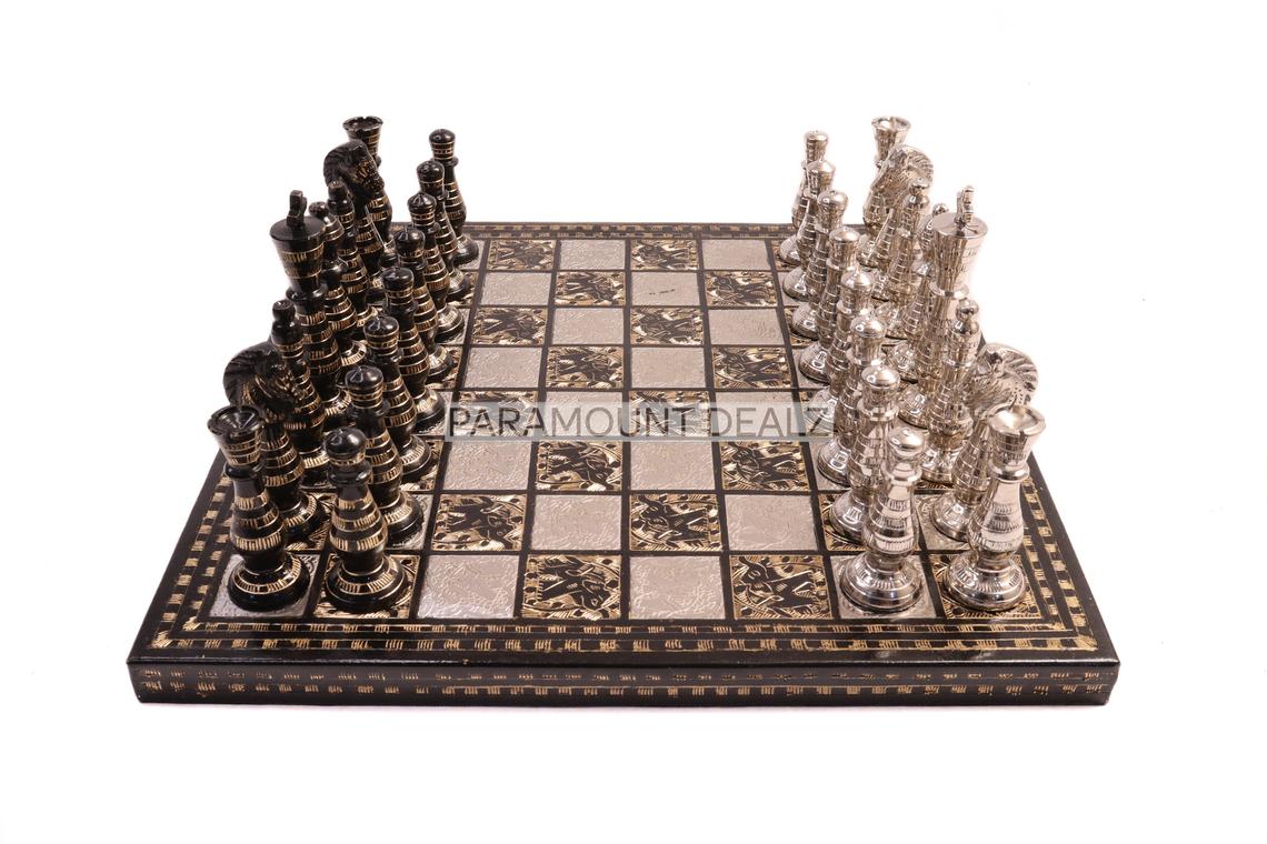 Paramount Dealz 14" Brass Chess Board with 32 Brass Chess Pieces and W