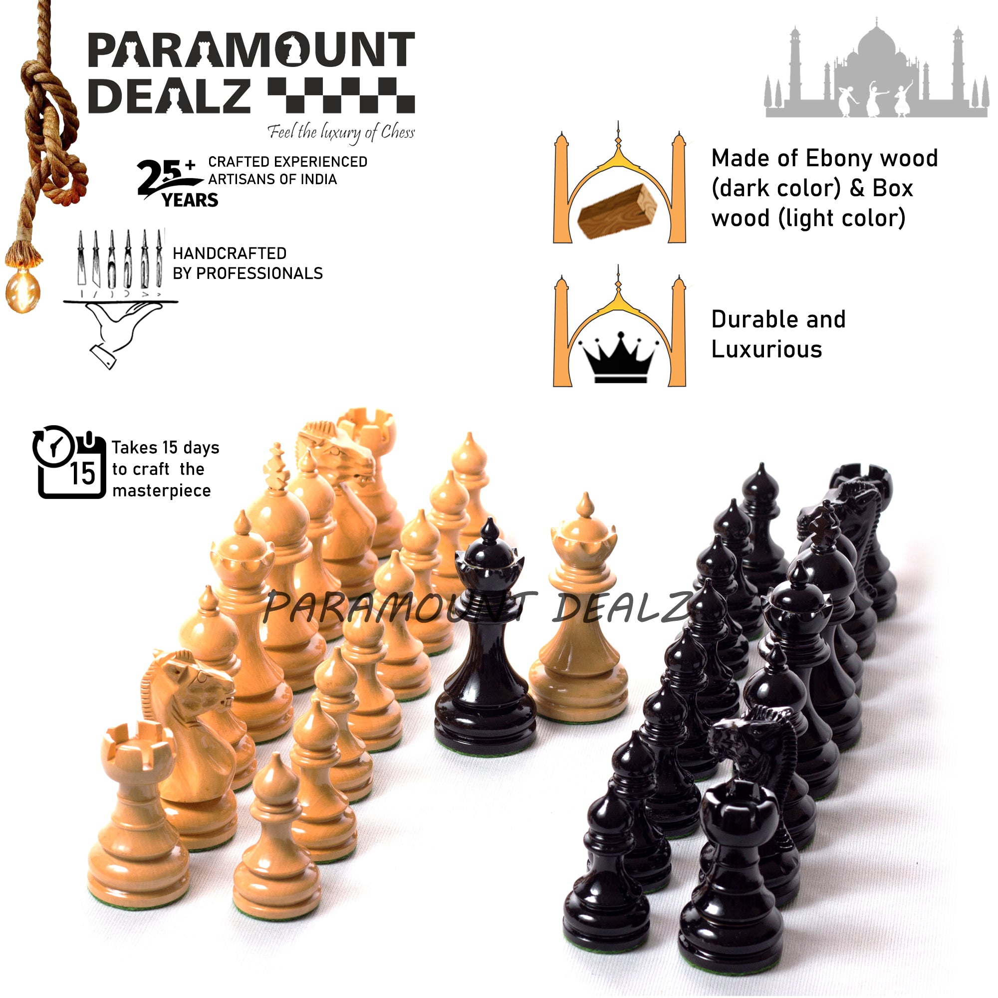 Taj Staunton Series Carved Wooden Chess Pieces in Indian Rosewood (She