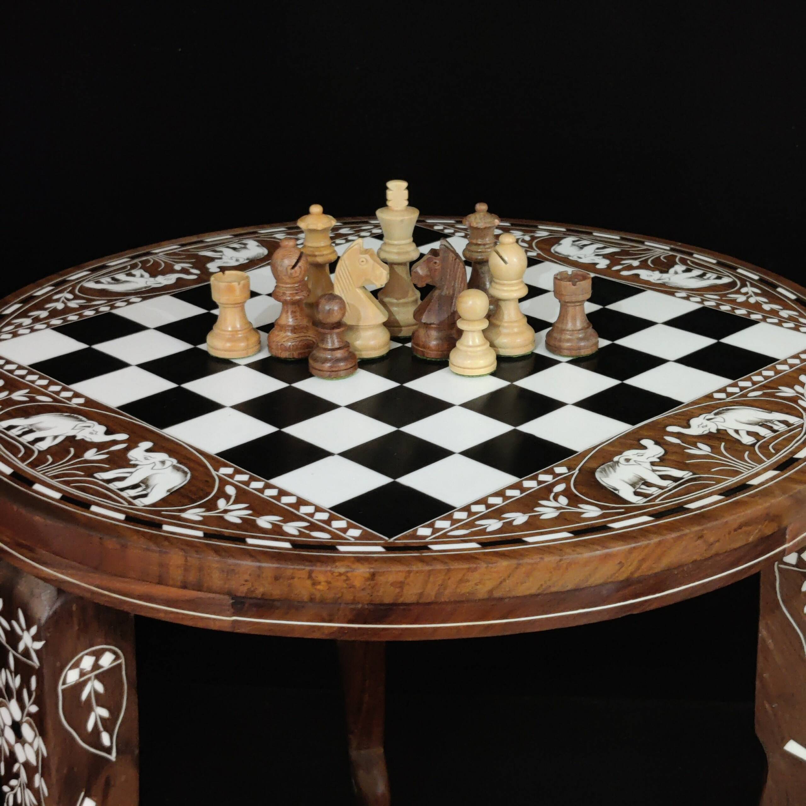 Chess Table Wooden Inlay|Wooden Chess Pieces|Chess Board Game Table|Ch