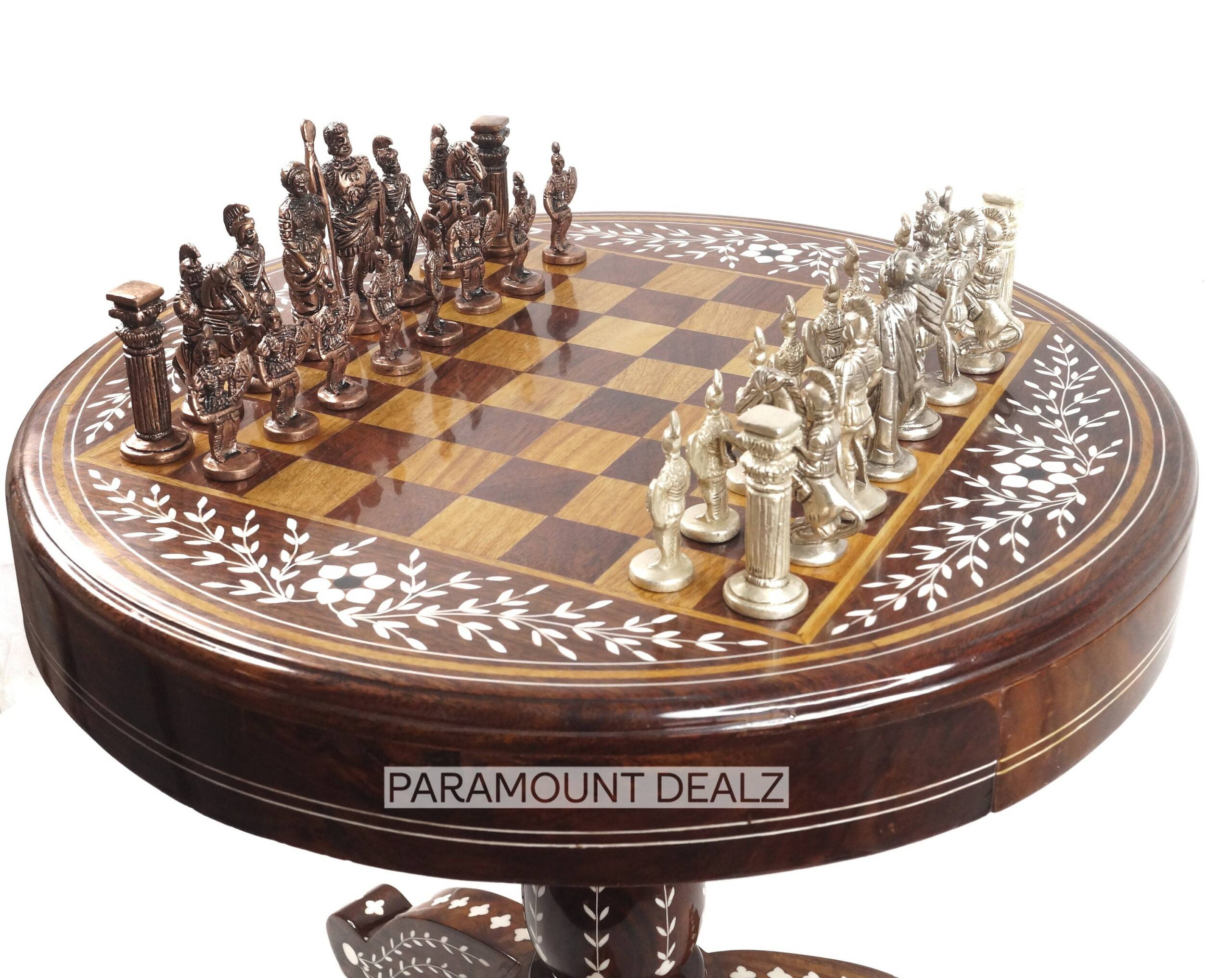 Chess Table Wooden Inlay|Roman Metal Chess Pieces|Chess Board Game Tab